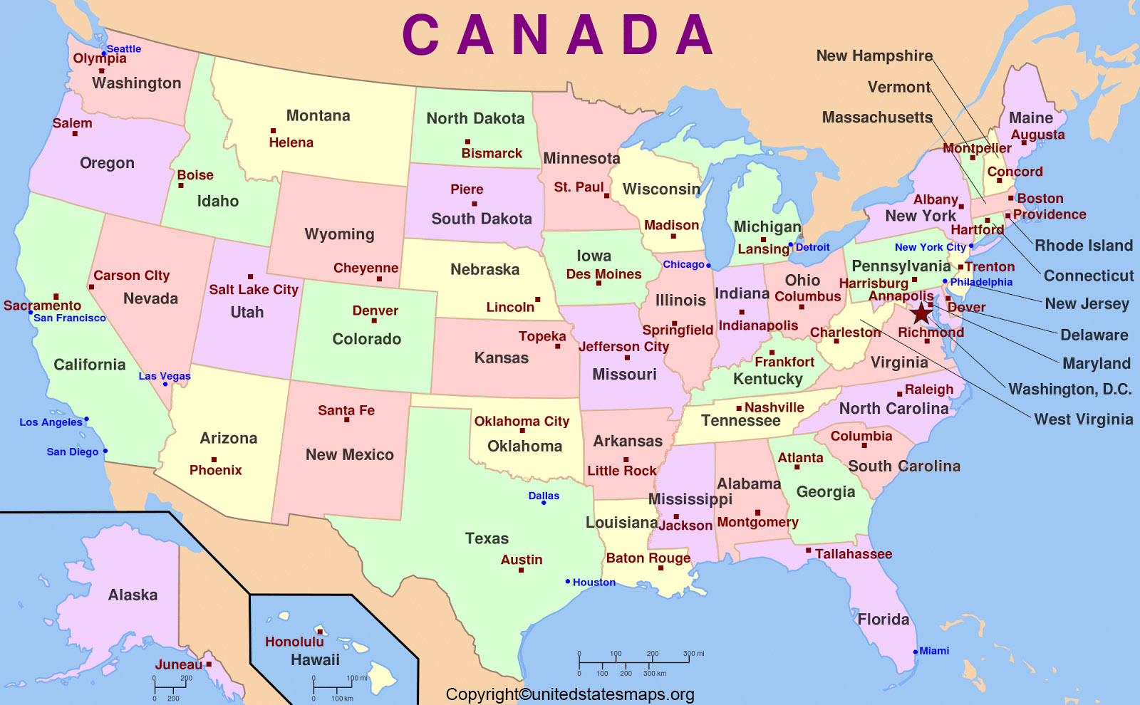 US Map With Cities Printable | USA Cities Map Labeled