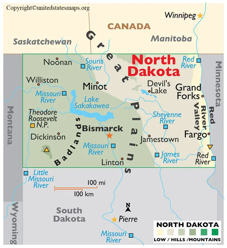 Labeled North Dakota Map With Capital And Cities in Pdf