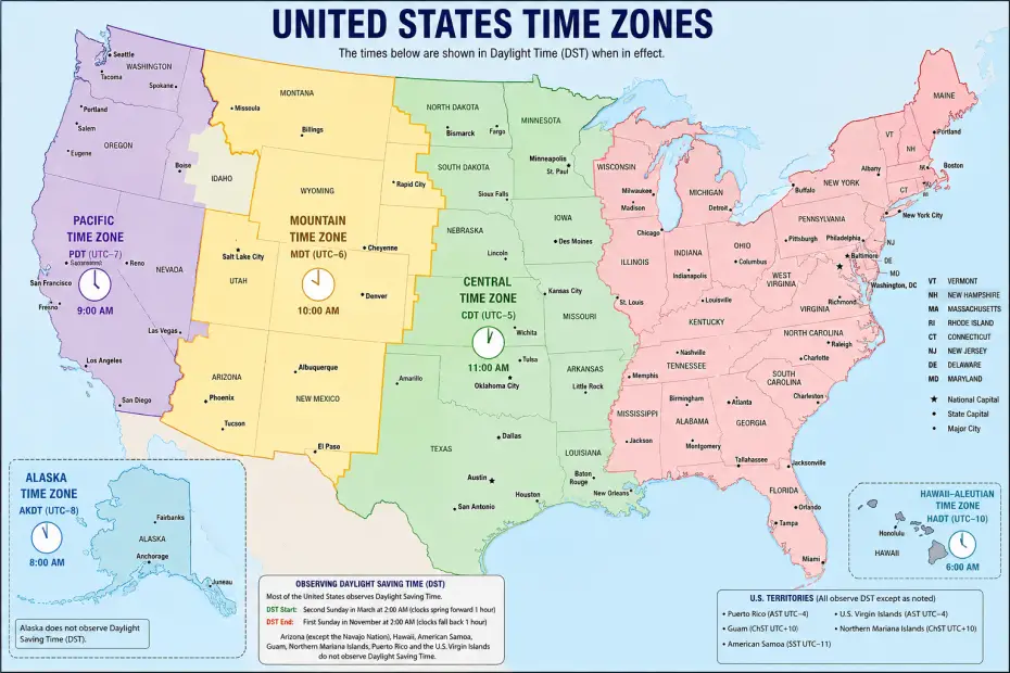 US Time Zone Map 2026 All States, Cities & DST