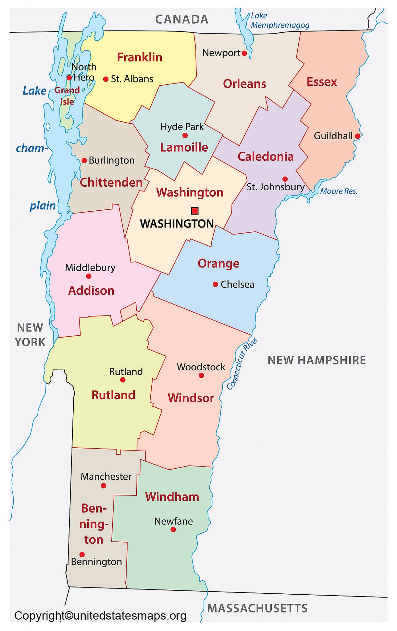 Labeled Vermont Map With Capital And Cities in Pdf