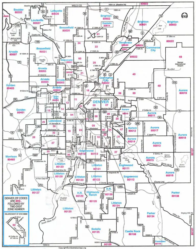 Denver Zip Code Map With Surrounding Areas (Printable)