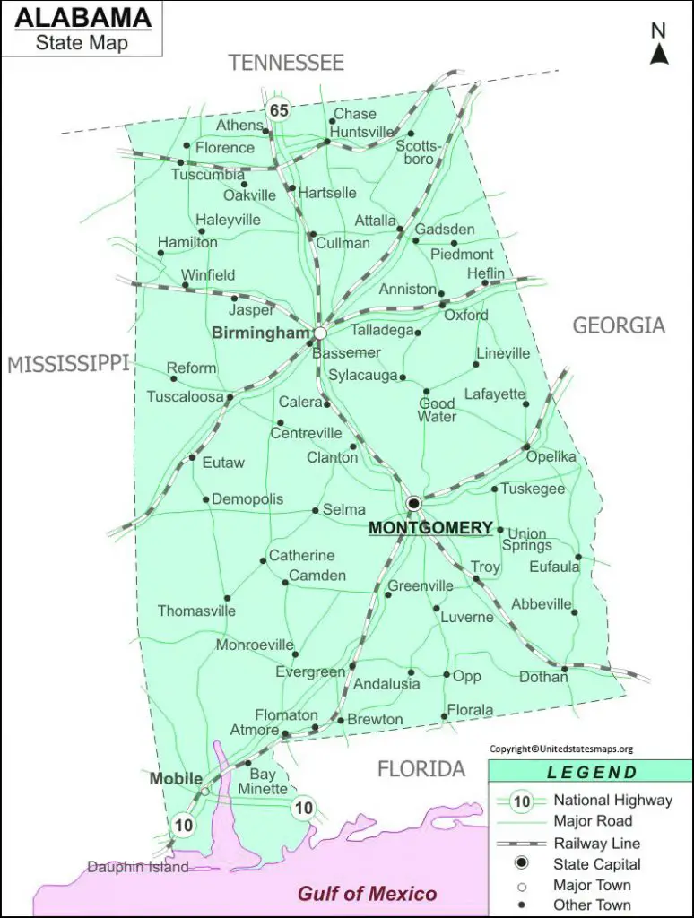 Labeled Alabama Map With Capital And Cities in Pdf