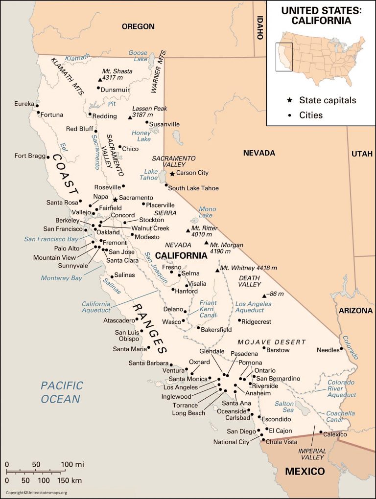Labeled California Map With Capital And Cities in Pdf