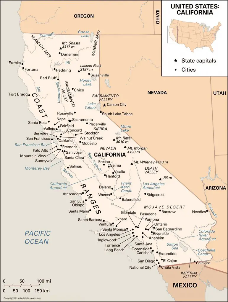 Labeled California Map With Capital And Cities in Pdf
