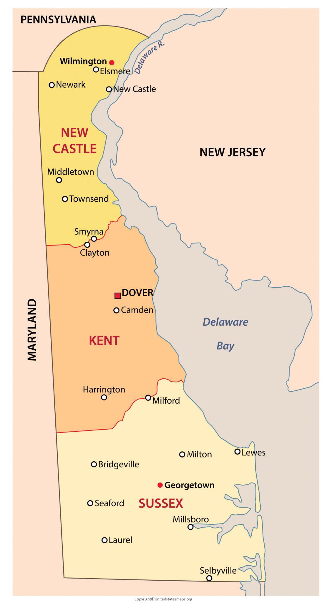 Labeled Delaware Map with Capital And Cities in Pdf