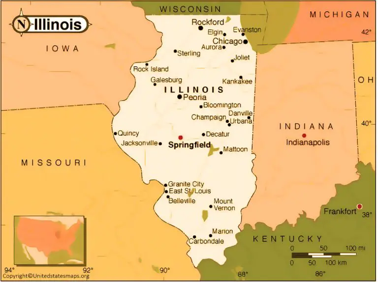 Labeled Illinois Map with Capital & Cities [Free Printable]