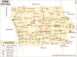 Labeled Iowa Map with Capital & Cities [Free Printable]