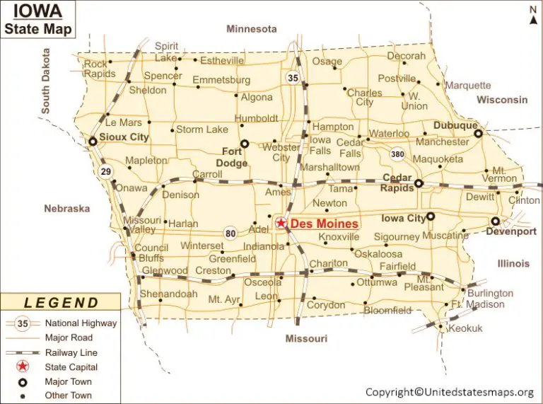 Labeled Iowa Map with Capital & Cities [Free Printable]
