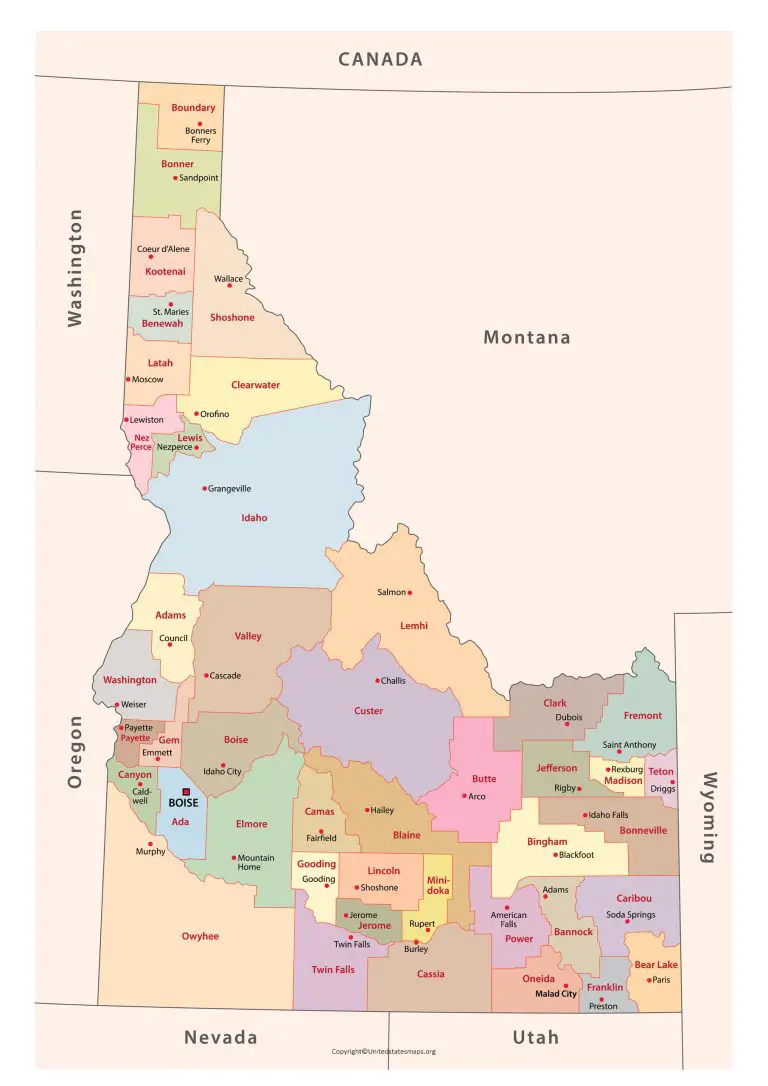 Labeled Idaho Map With Capital & Cities In Pdf