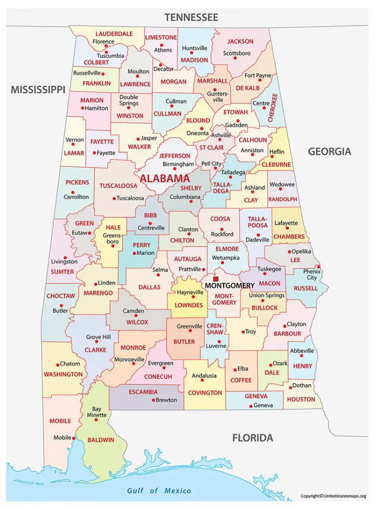 Labeled Alabama Map With Capital And Cities in Pdf
