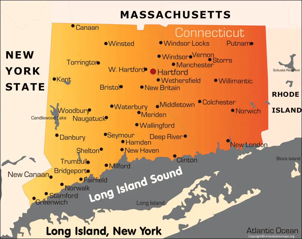 Labeled Connecticut Map With Capital And Cities In Pdf