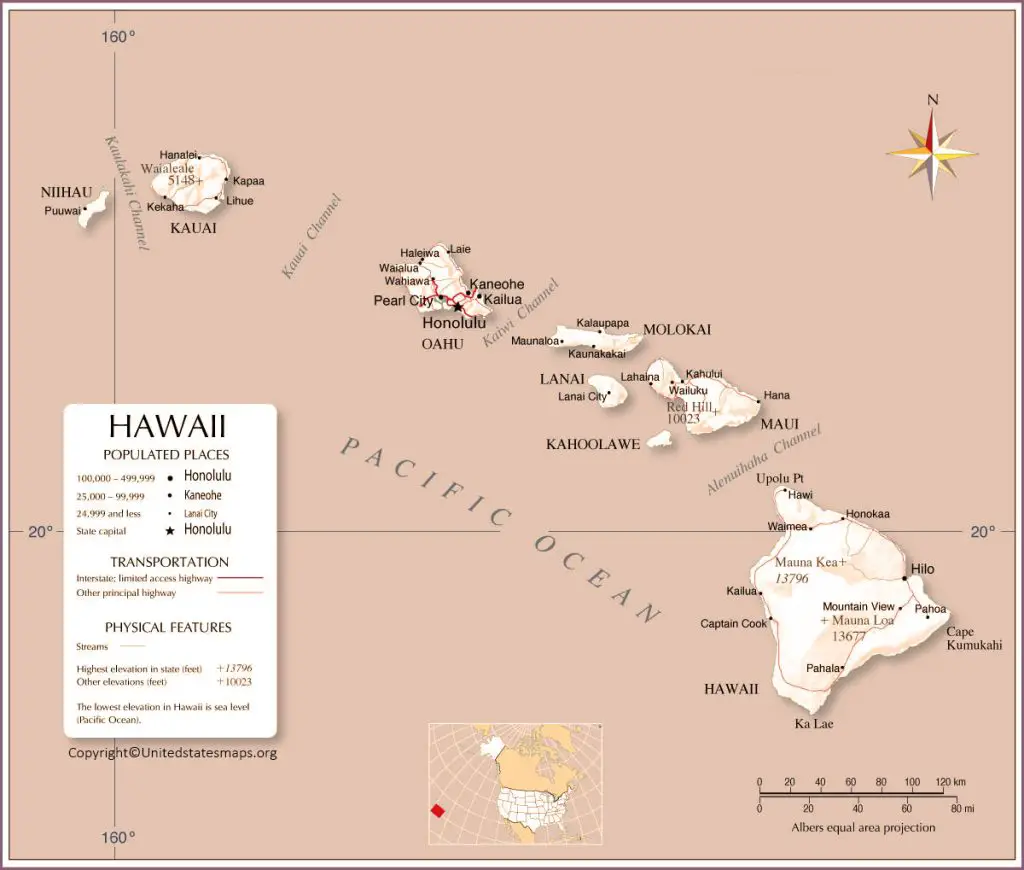 Labeled Hawaii Map With Capital & Cities In PDF