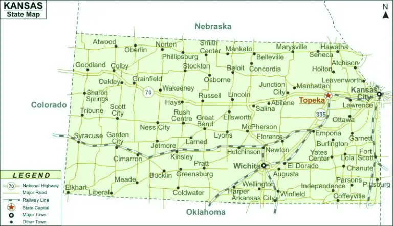 Labeled Kansas Map With Capital & Cities In PDF.