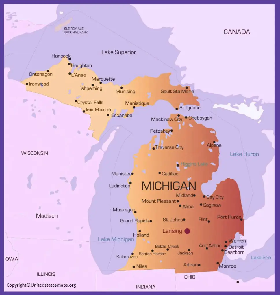 Labeled Michigan Map With Capital & Cities in PDF