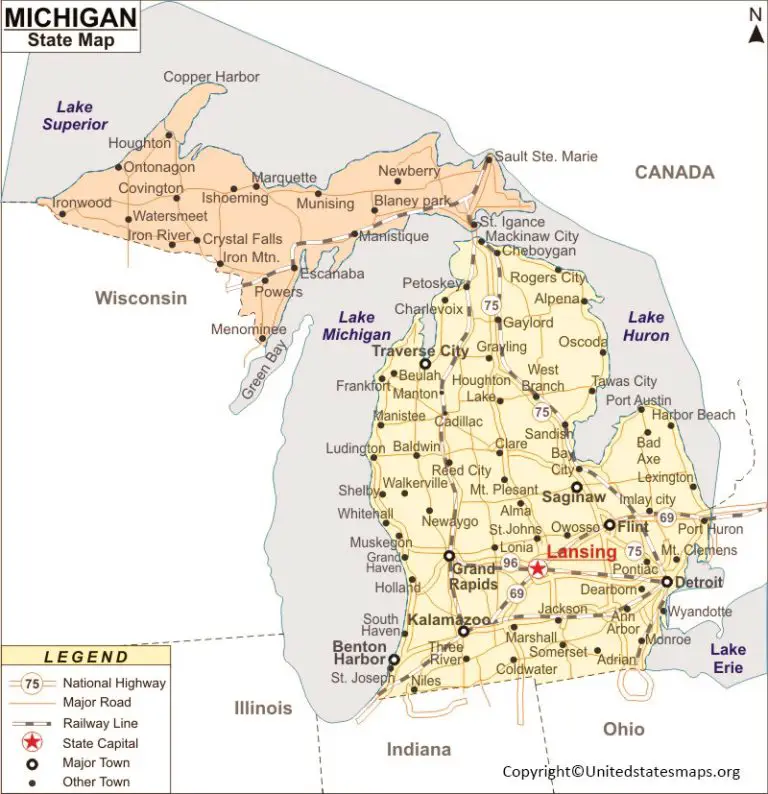 Labeled Michigan Map With Capital & Cities in PDF