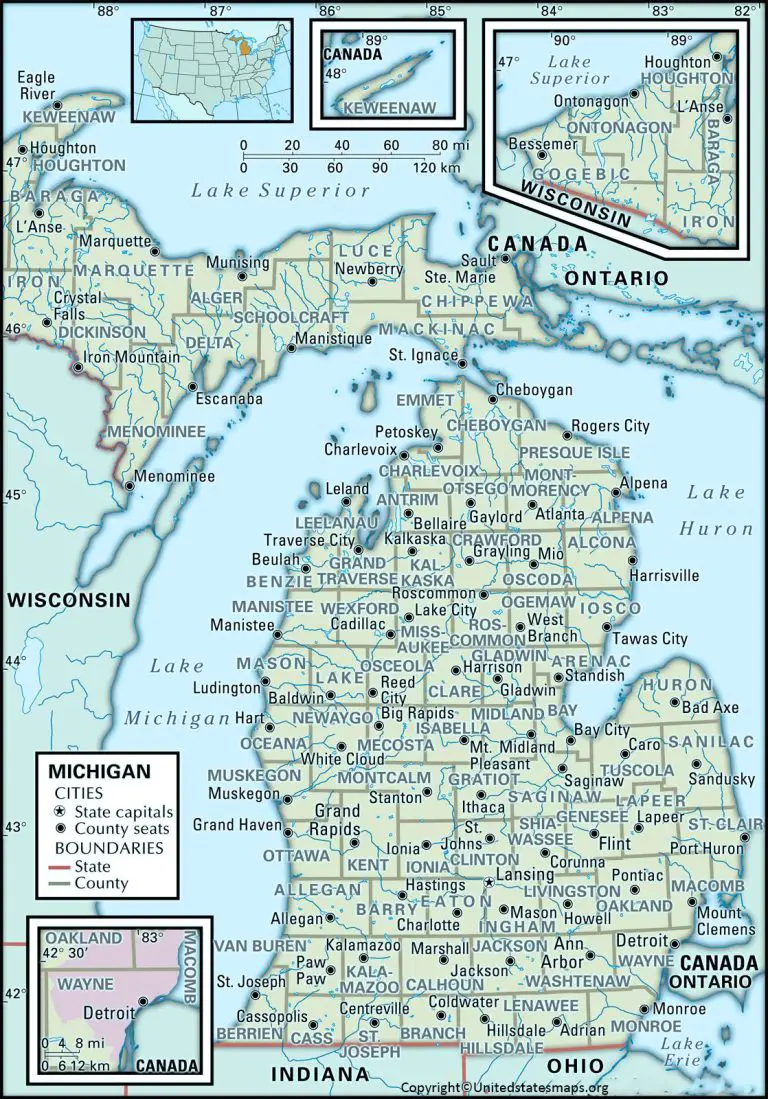 Labeled Michigan Map With Capital & Cities in PDF