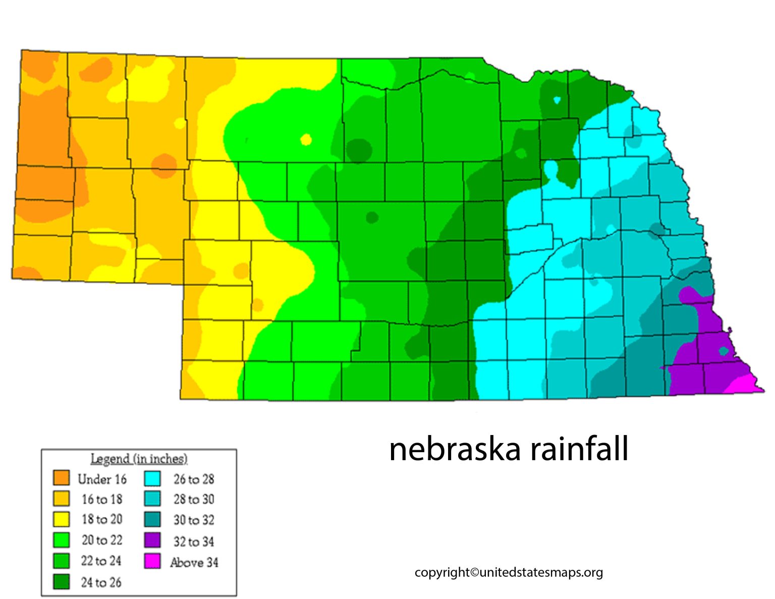 Nebraska Rainfall Map | Rainfall Map of Nebraska
